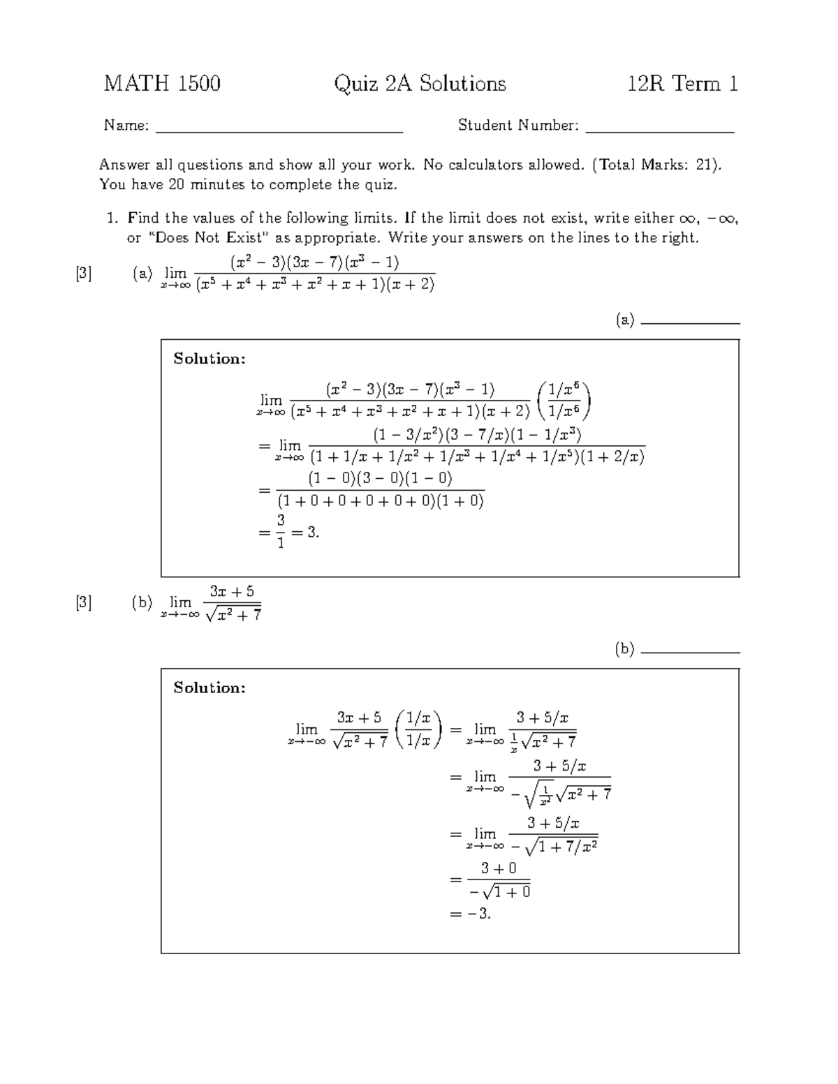 QUIZ 7 June 2015, answers - MATH 1500 Quiz 2A Solutions 12R Term 1 Name ...