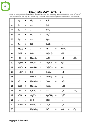 Balancing equations 1 answers - Copyright © Green APL BALANCING ...