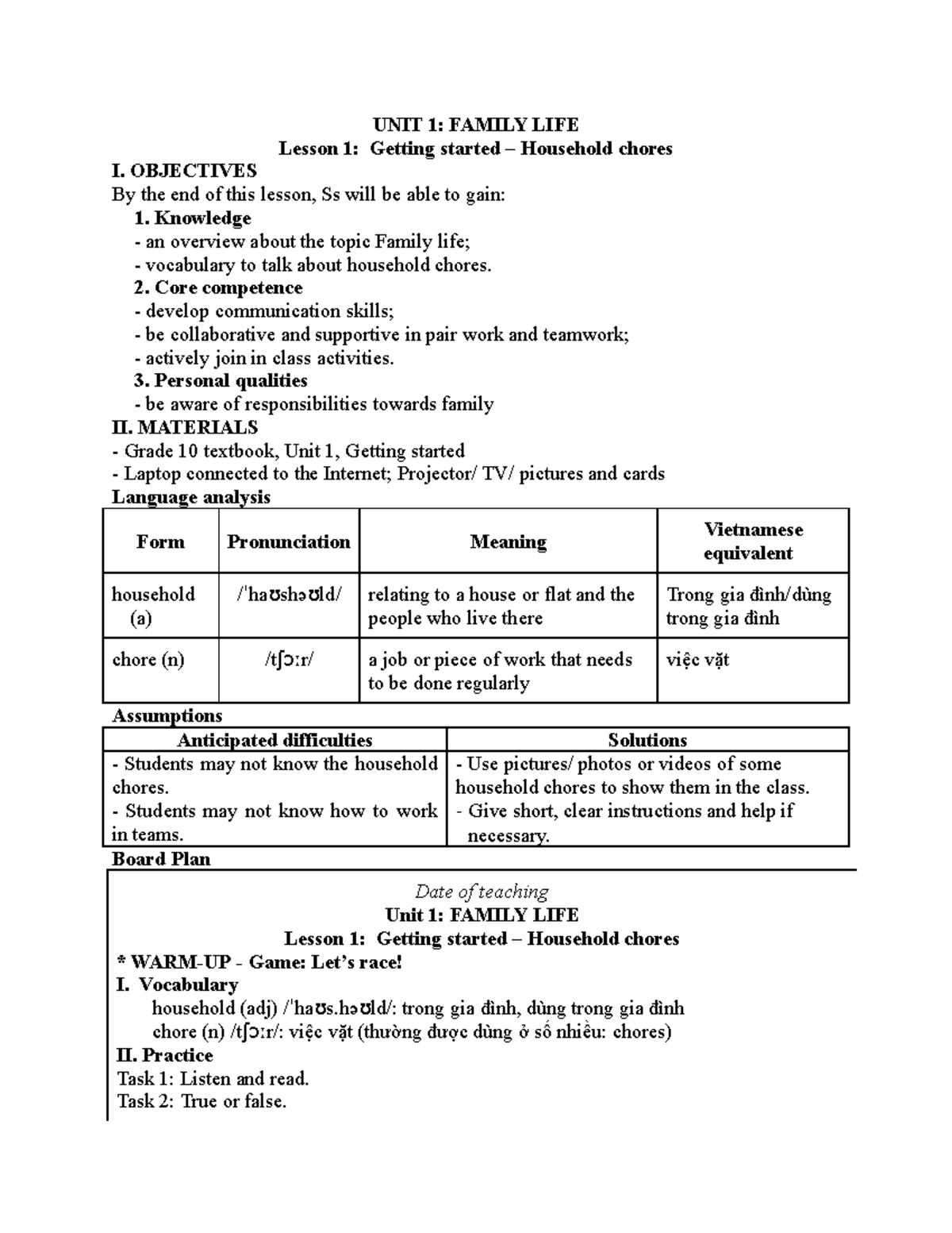Unit 1 - Getting Started - UNIT 1: FAMILY LIFE Lesson 1: Getting ...