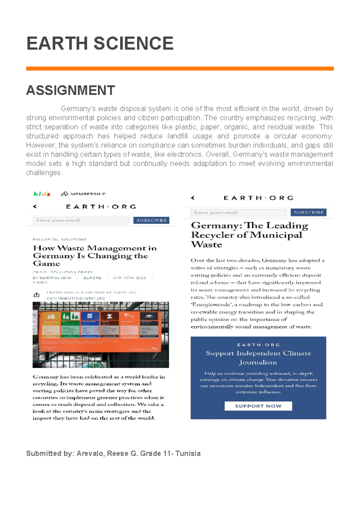 Earth Science - Assignment - EARTH SCIENCE ASSIGNMENT Germany’s waste ...