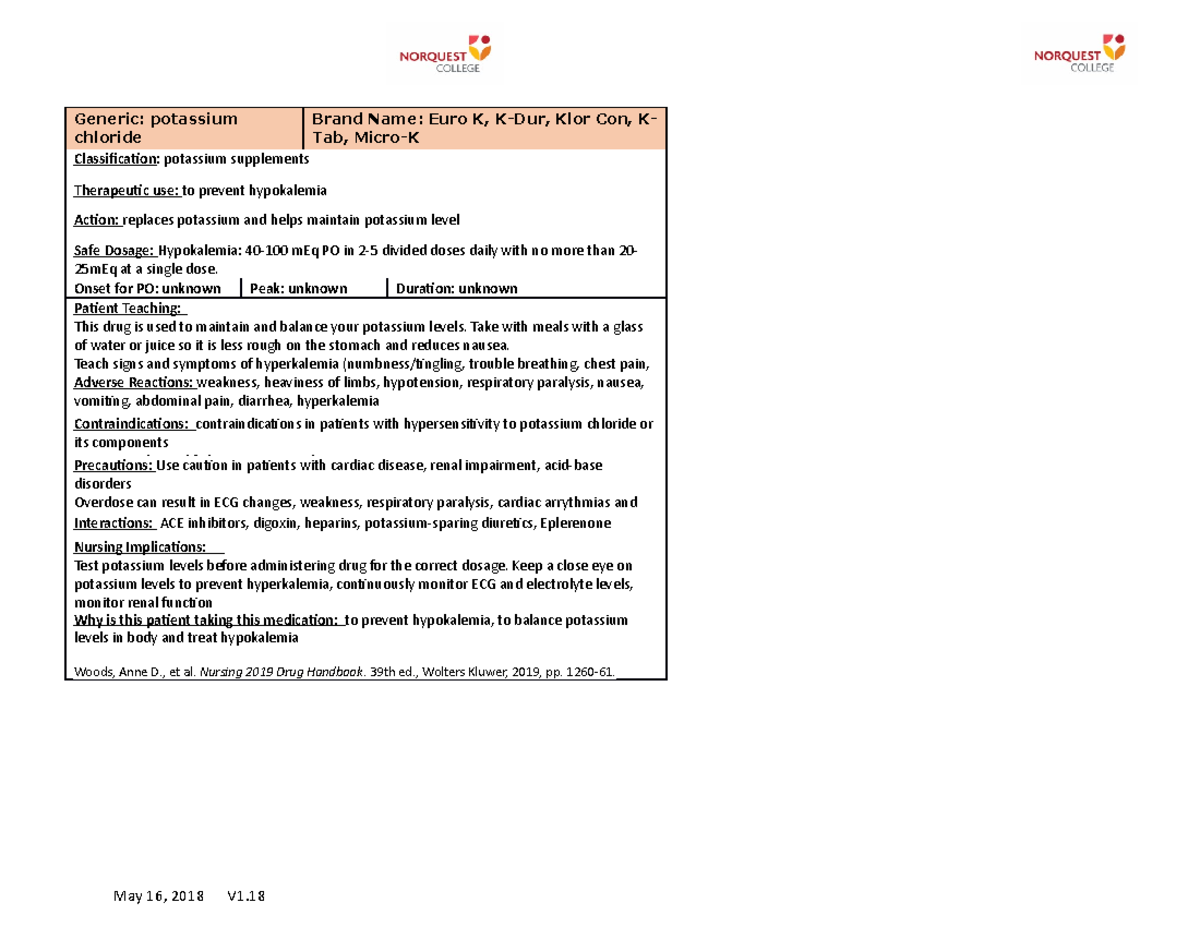 Nursing Medication Cards - May 16, 2018 V1. Generic: potassium chloride ...