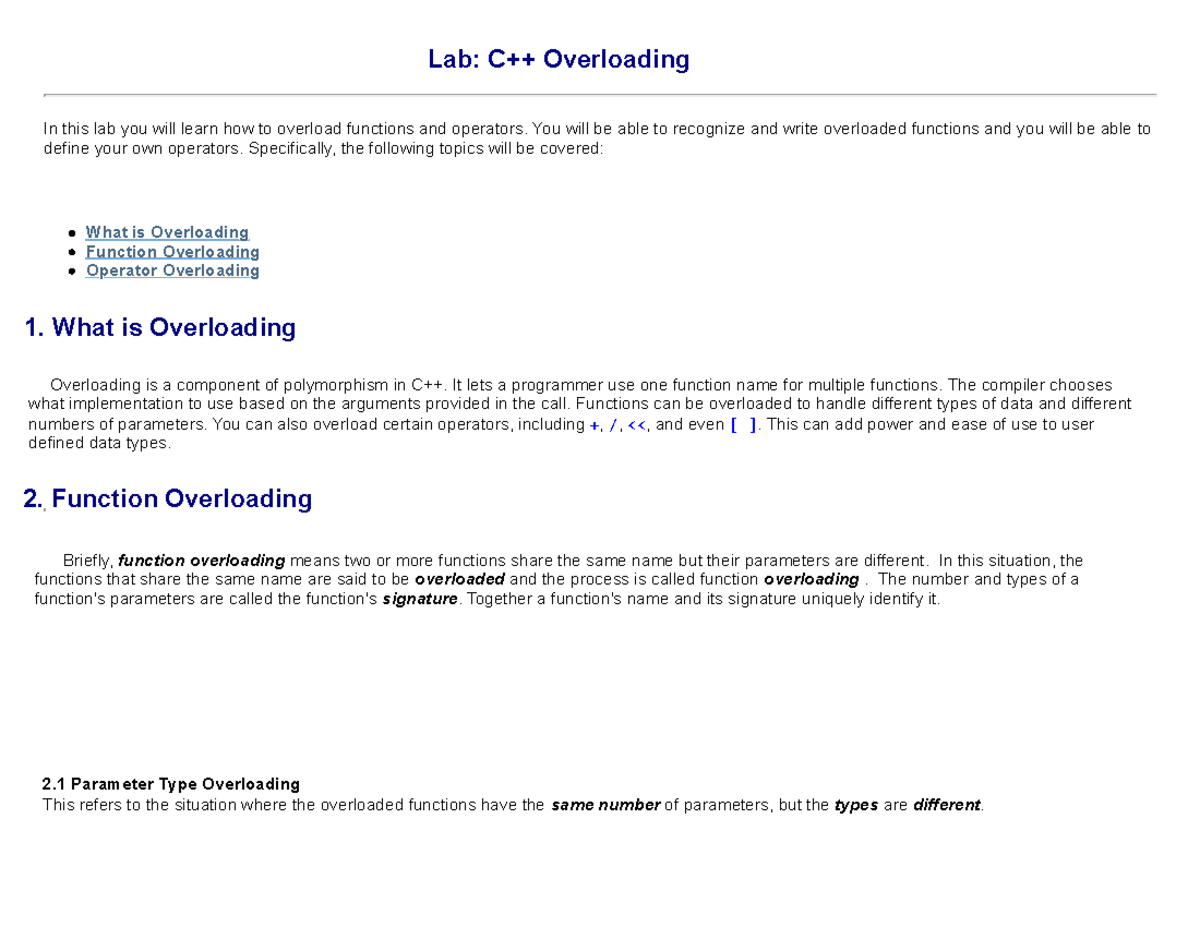 C Overloading Lab Lab C Overloading In This Lab You Will Learn How To Overload Functions