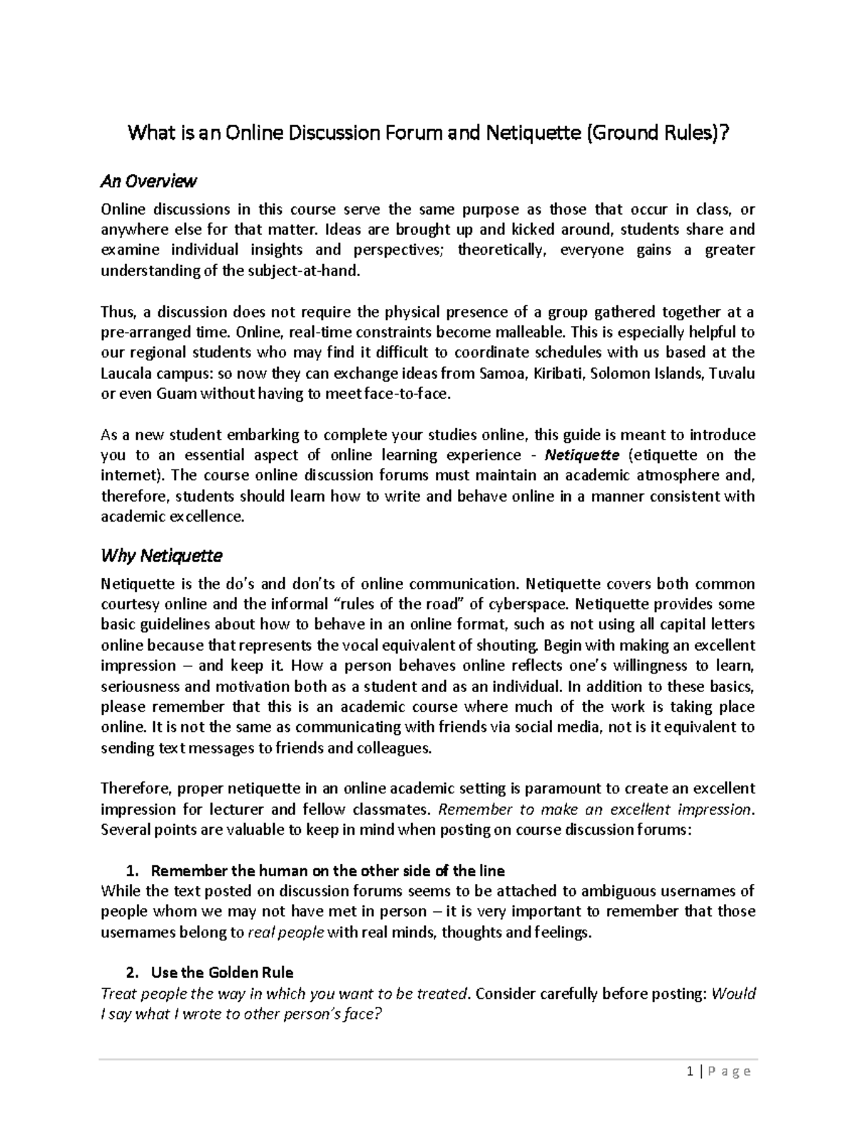 Classroom Rules And Expectations Netiquette 1 P A G E What Is An