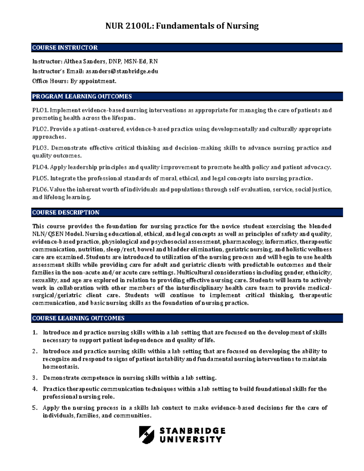 NUR 2100 L Fundamentals of Nursing Lab Syllabus - .. COURSE INSTRUCTOR ...