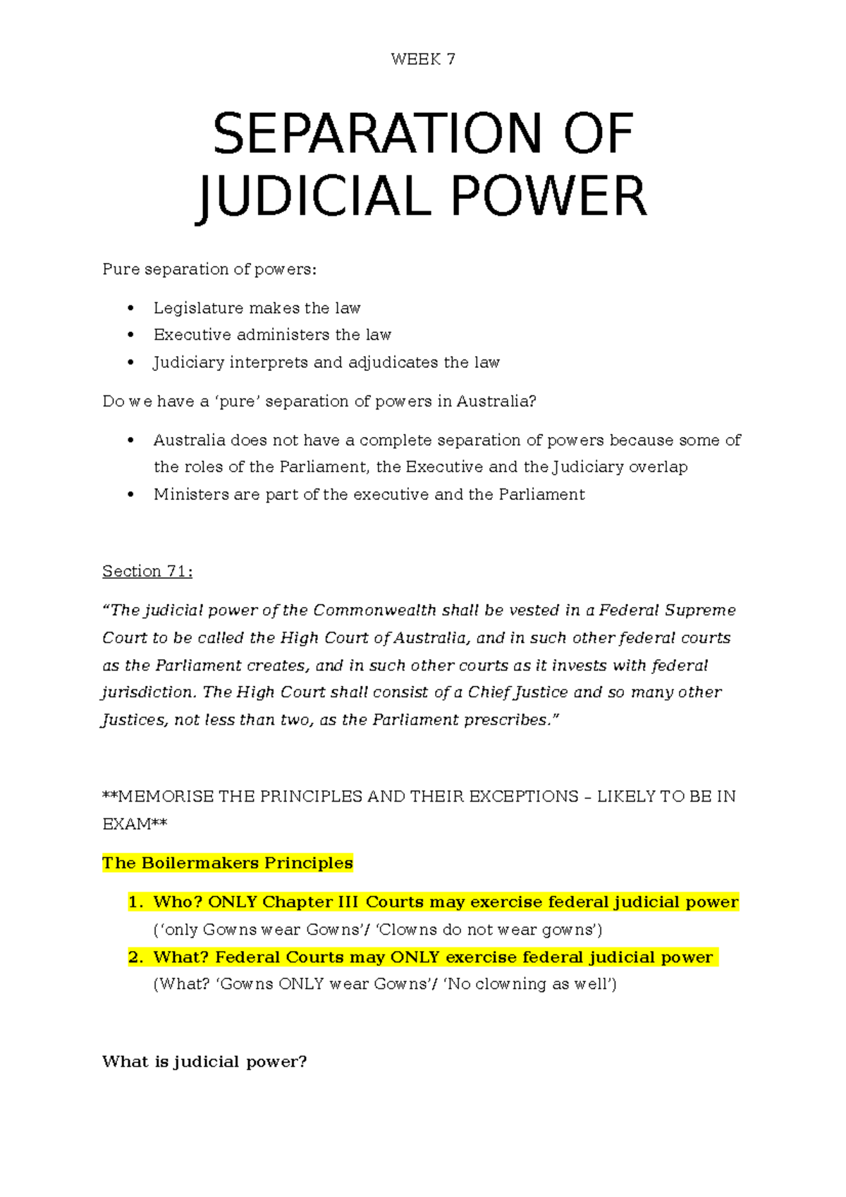 Week 7 Separation of Judicial Power - SEPARATION OF JUDICIAL POWER Pure separation of powers ...
