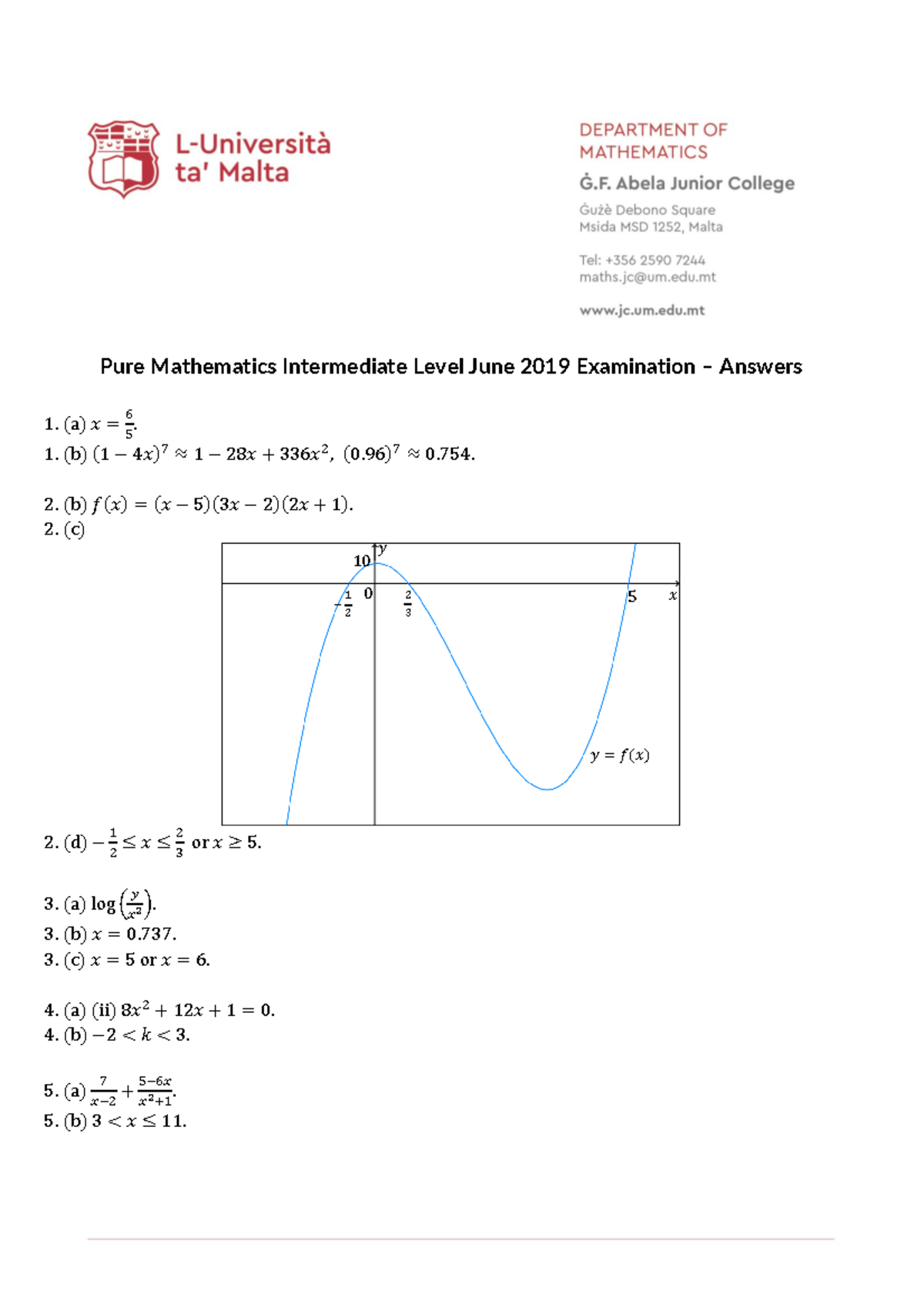 Pure Maths Int June 2019 Answers - Pure Mathematics Intermediate Level ...