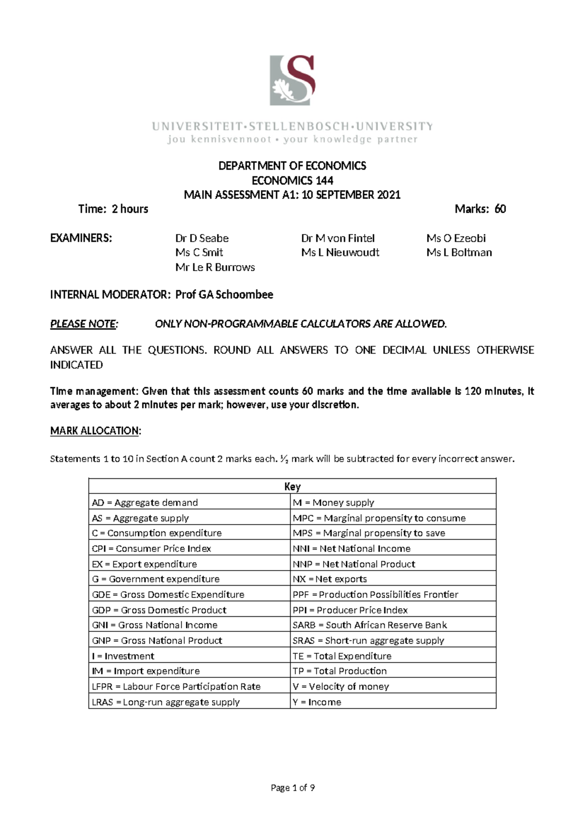 A1 2021 English Final - A1 practice - DEPARTMENT OF ECONOMICS ECONOMICS ...