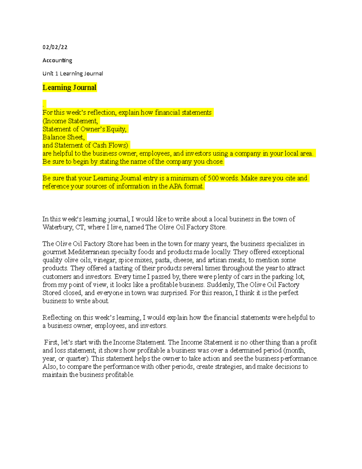 Learning Journal Unit 1, BUS 1102 Basic Accounting - 02/02/ Accounting ...