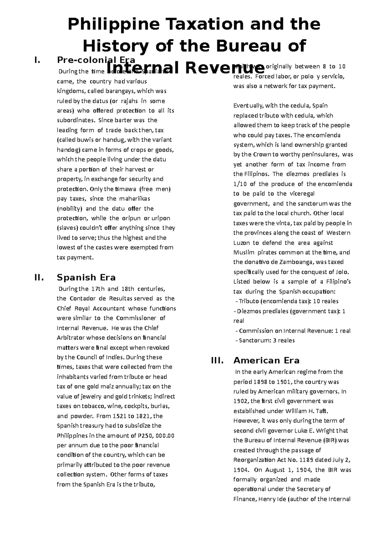 BAPS- Taxation - I. Pre-colonial Era During the time before the ...
