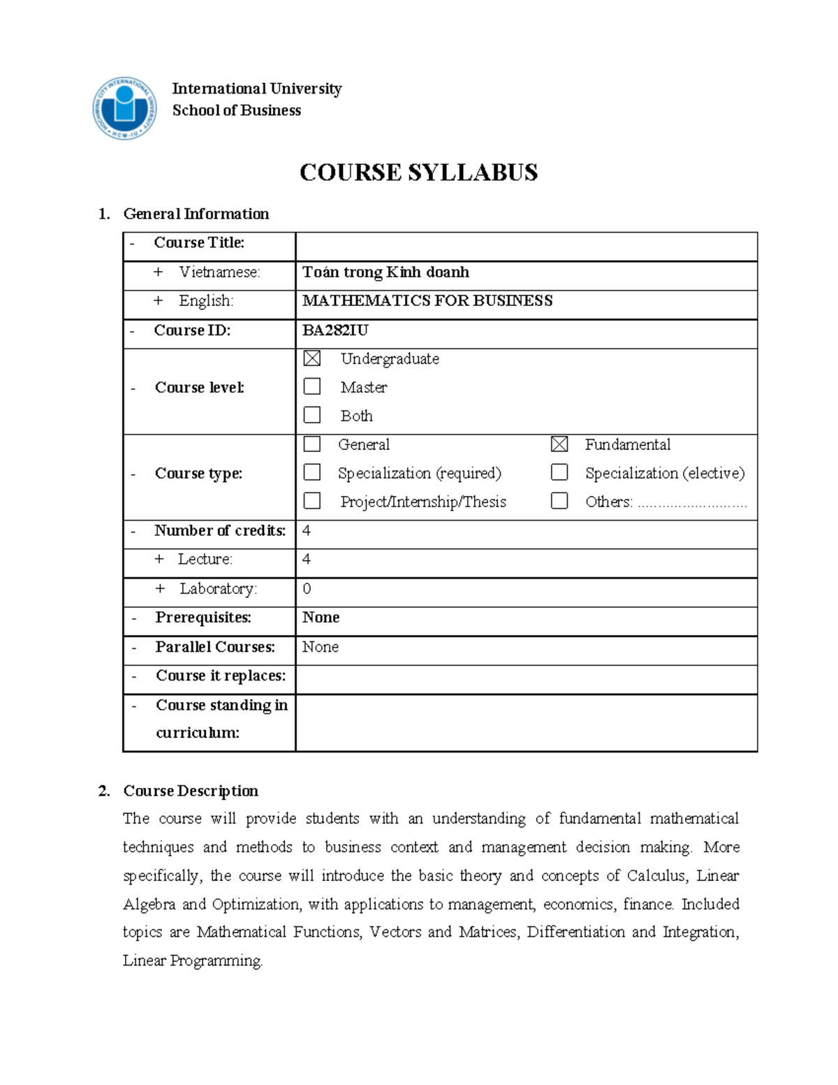 Syllabus-Mathematics for Business NDTAnh- Final-Sep2020 - International ...