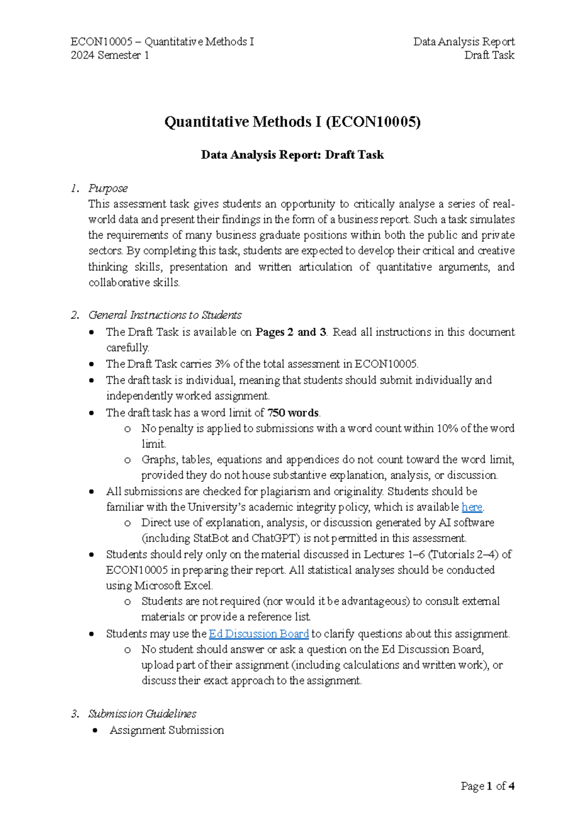 Draft Task QM1 Final - 2024 Semester 1 Draft Task Quantitative Methods I (ECON10005) Data ...