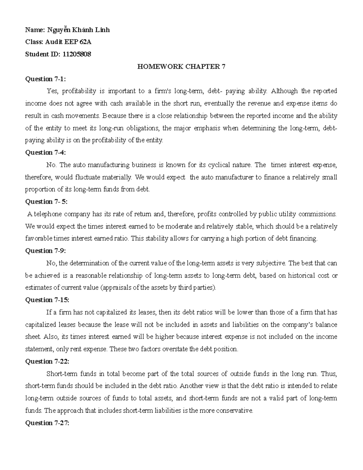 Homework Chapter 7 - Name: Nguyễn Khánh Linh Class: Audit EEP 62A Student ID: 11205808 HOMEWORK ...