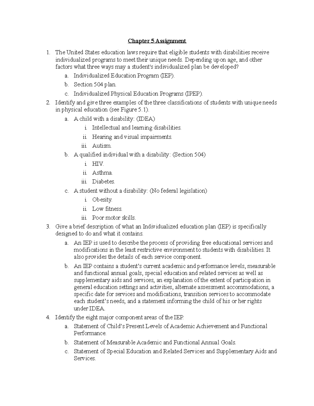 Chapter 5 Assignment (Special Populations) - Chapter 5 Assignment The ...