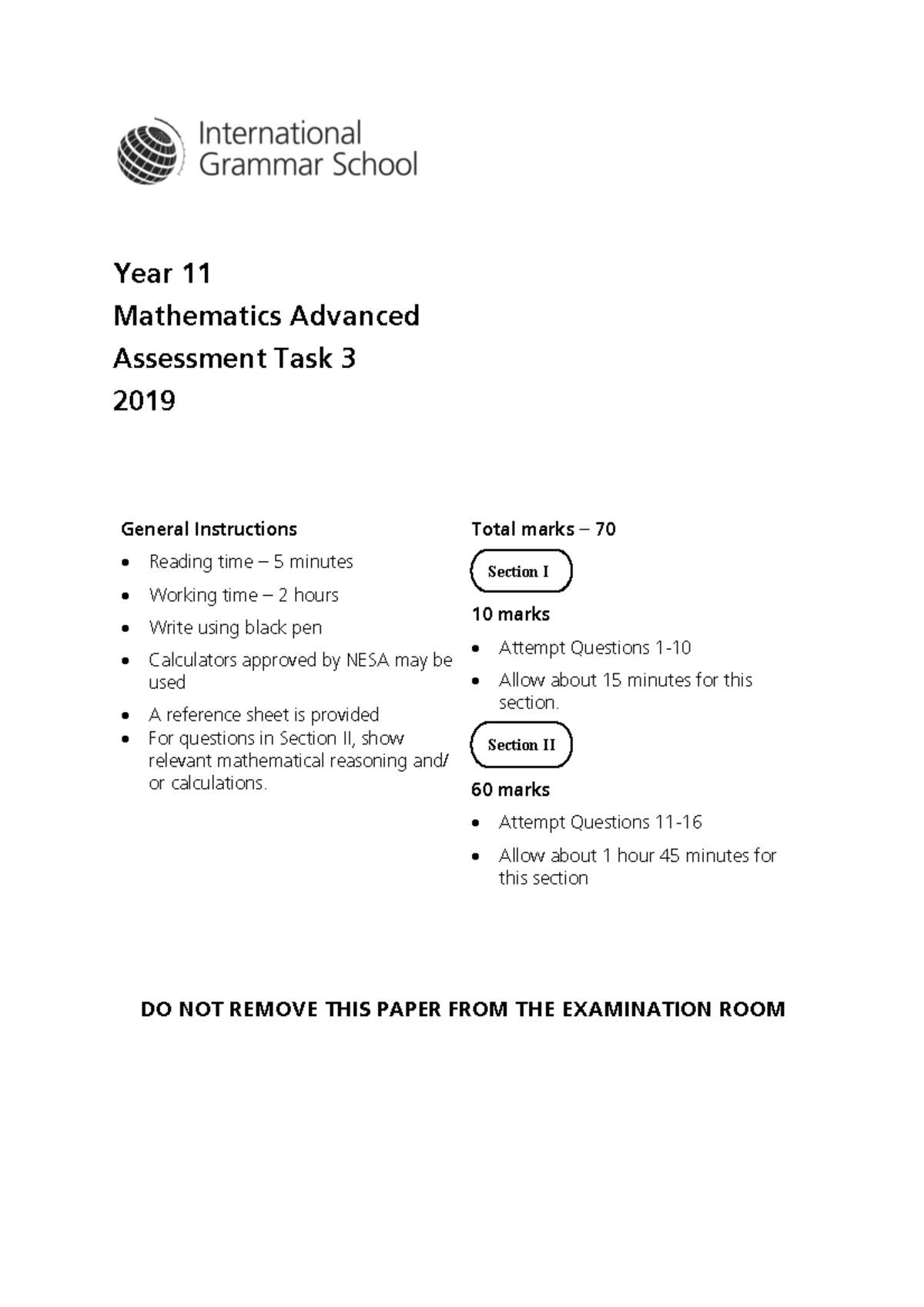 Yearly 2019 - International Grammar Mathematics Advanced Paper - Year ...