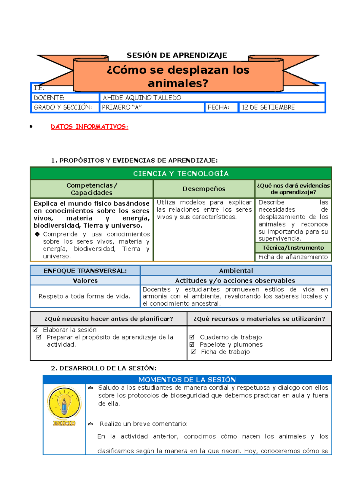 COMO SE Desplazan LOS Animales - SESIÓN DE APRENDIZAJE I. N° 14767 ...