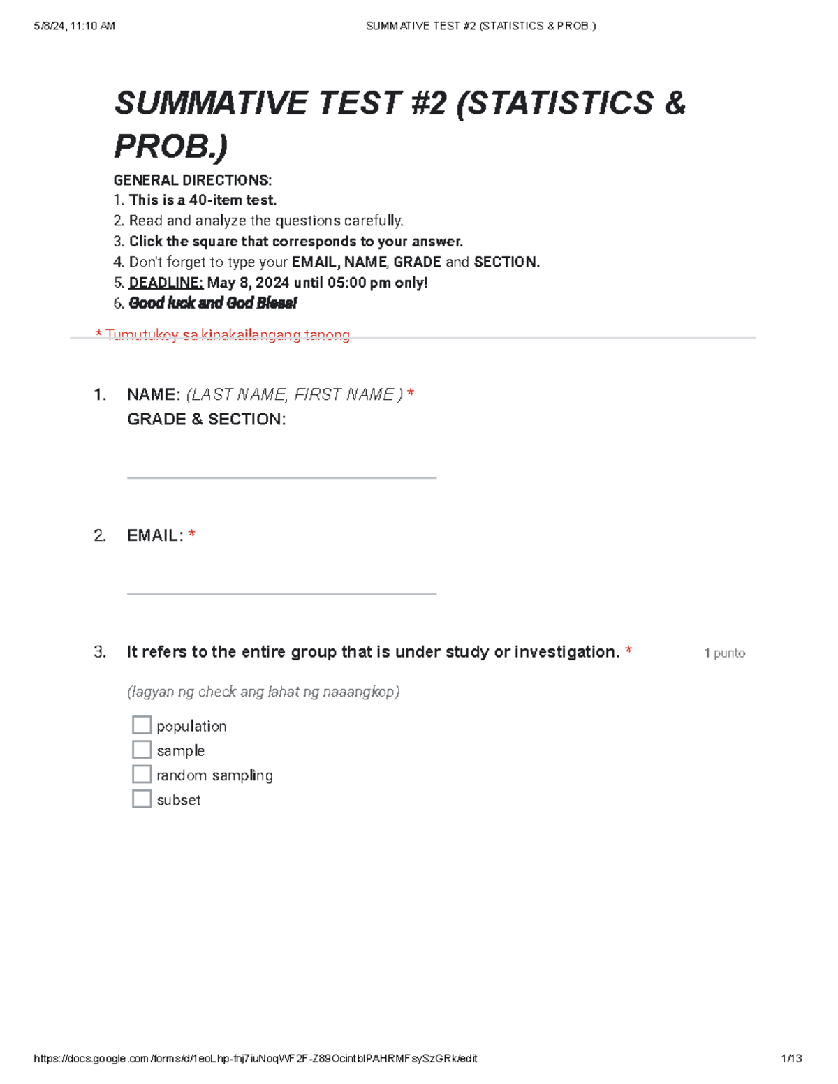 Summative TEST #2 (STAT.& Probability) - Google Forms - 1. 2. 3. 1 ...