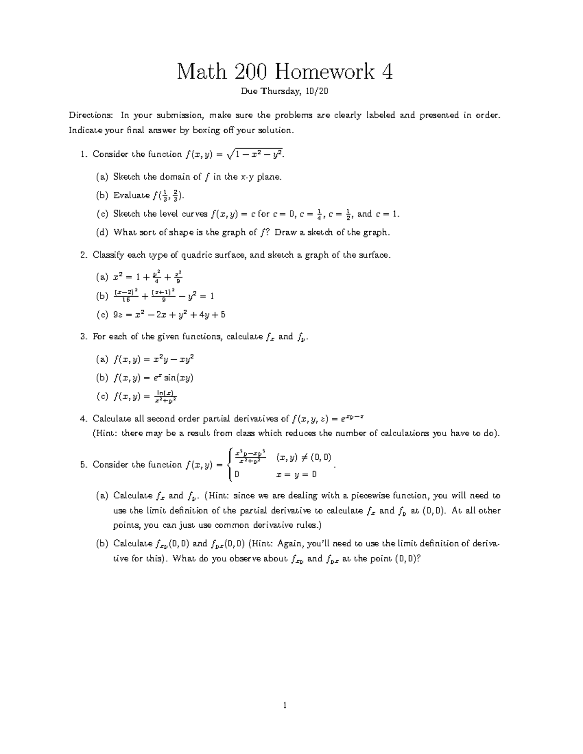 MATH 200 HW#4 Q's - Multivariate Calculus HW#4 Problems - Math 200 Homework 4 Due Thursday, 10 ...