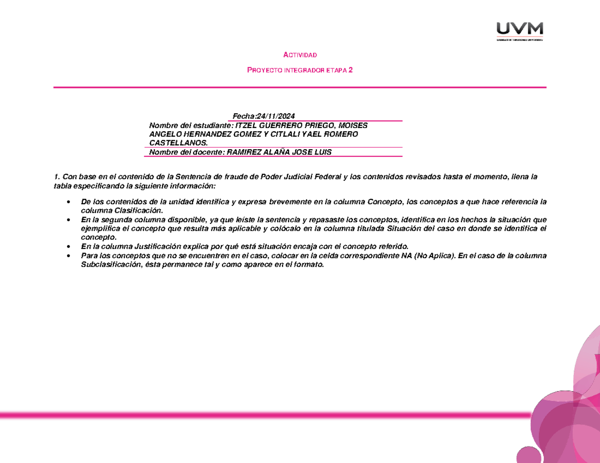 PI Etapa 2 Equipo 3 - derecho penal - ACTIVIDAD PROYECTO INTEGRADOR ETAPA 2 Fecha: 24 /11 ...