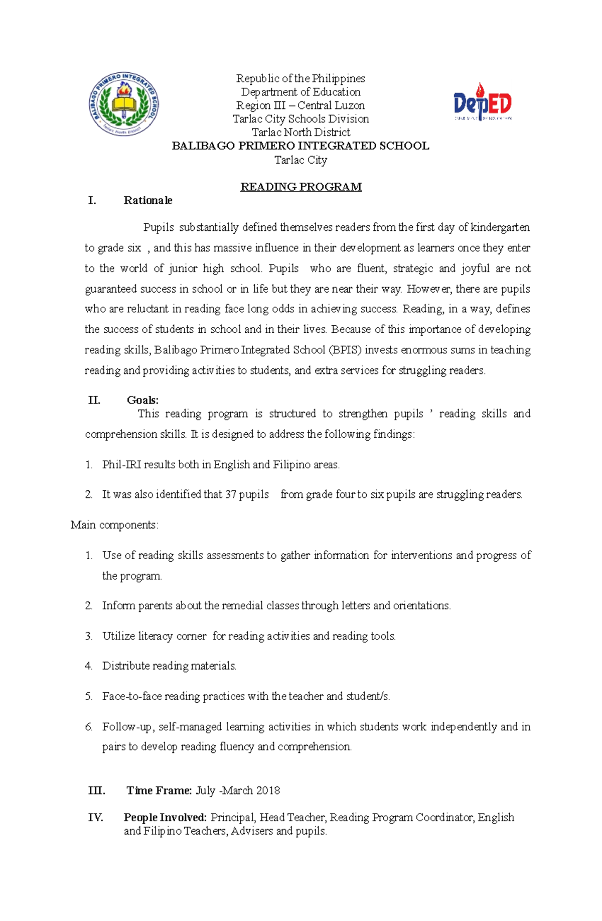 Reading Program Report - Republic of the Philippines Department of ...