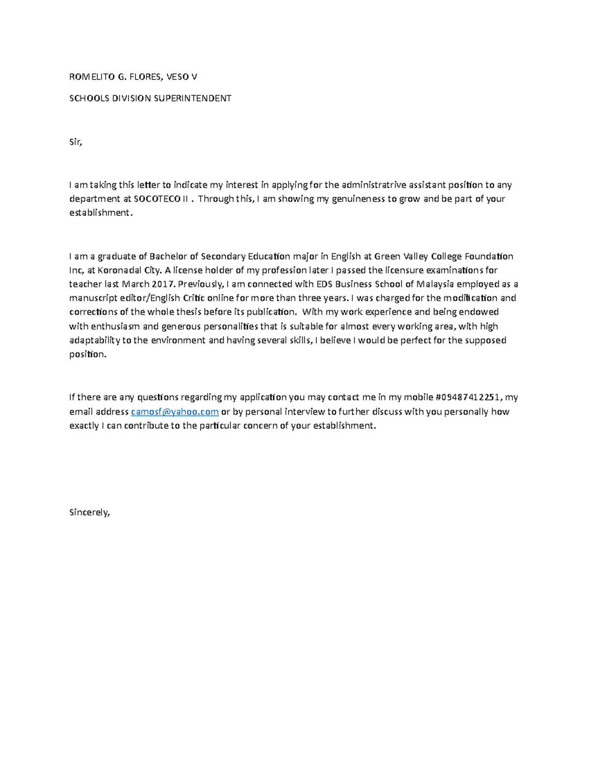 Dep Ed Application letter - ROMELITO G. FLORES, VESO V SCHOOLS DIVISION ...
