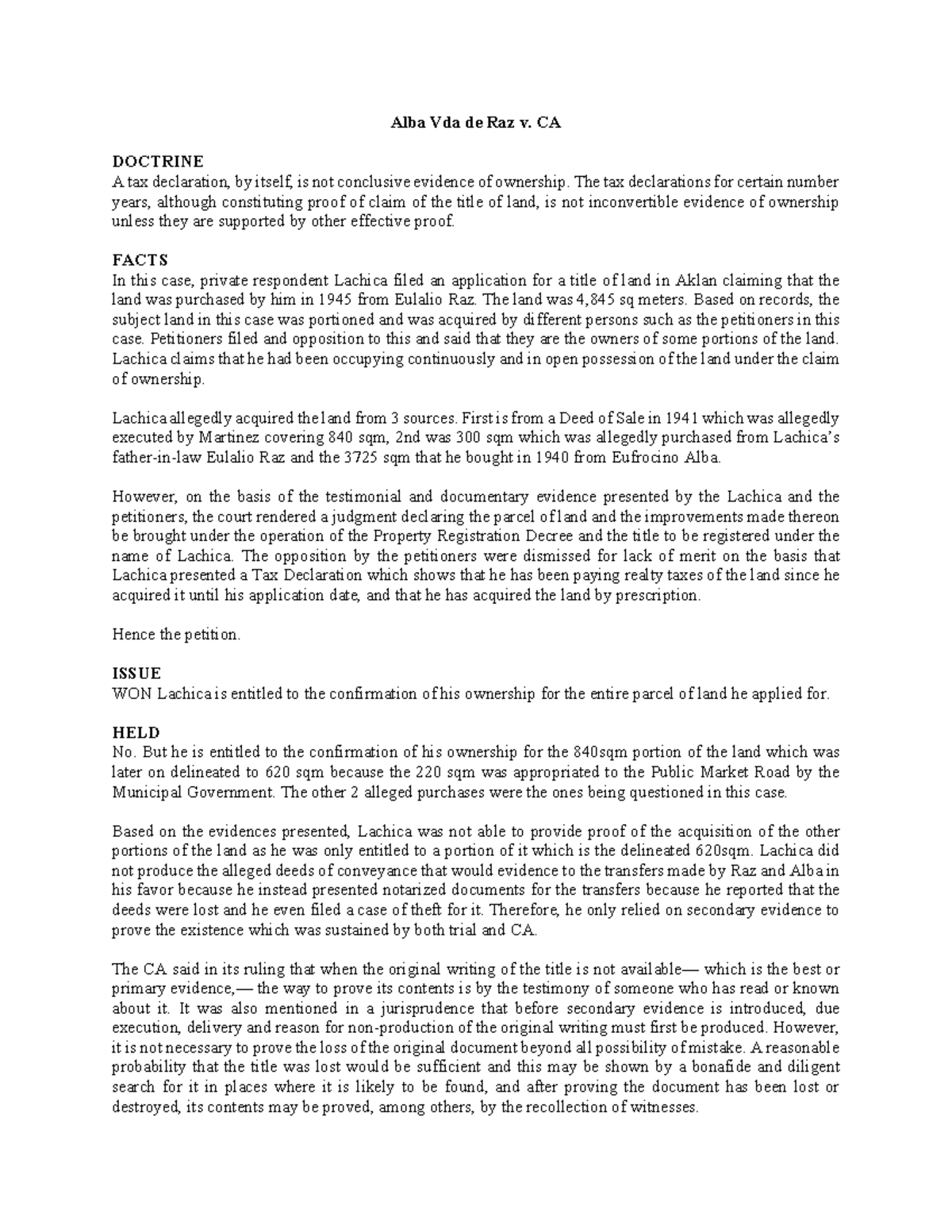 Alba Vda. de Raz v CA - Alba Vda de Raz v. CA DOCTRINE A tax ...