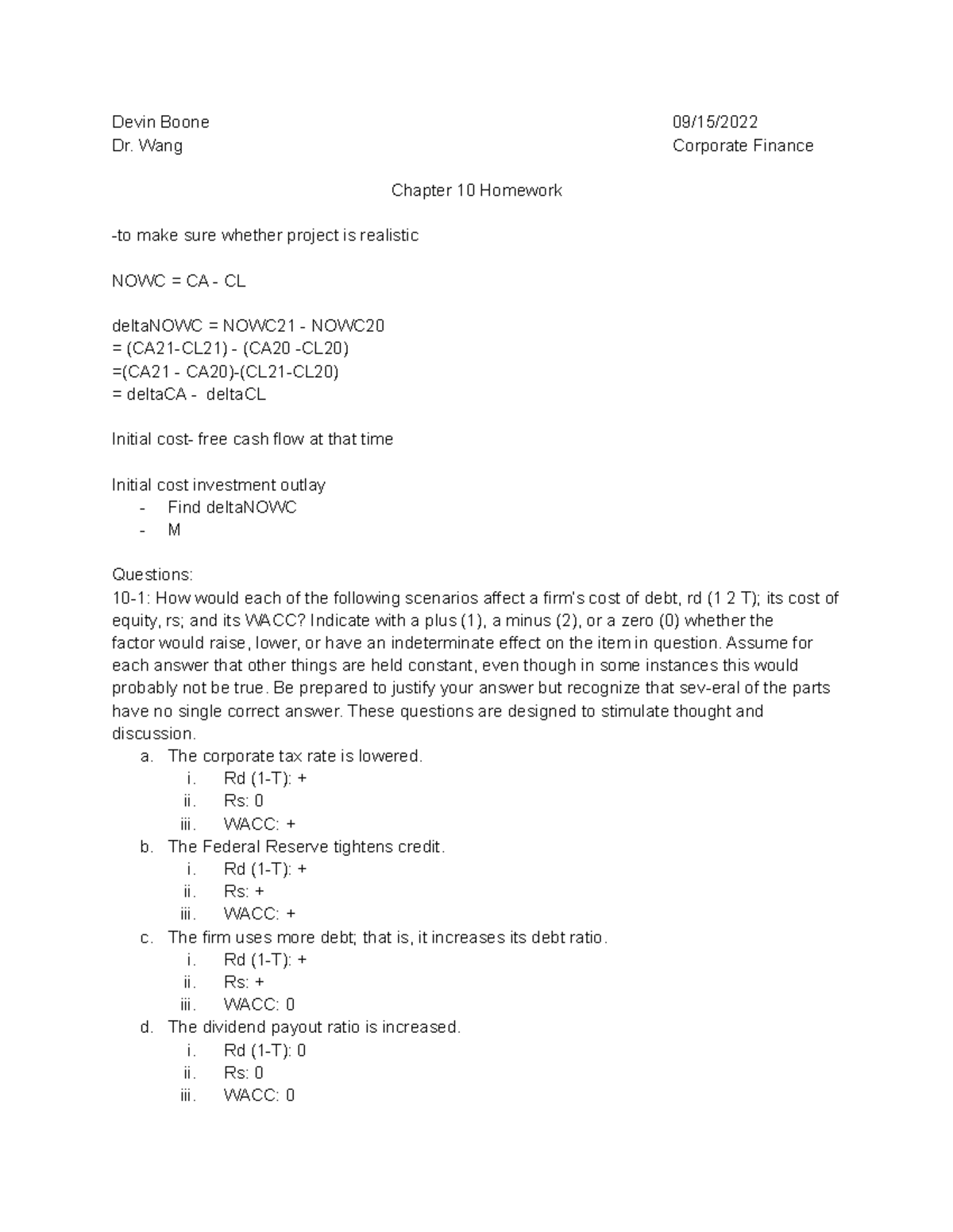 Chapter 10 homework - Devin Boone 09/15/ Dr. Wang Corporate Finance ...