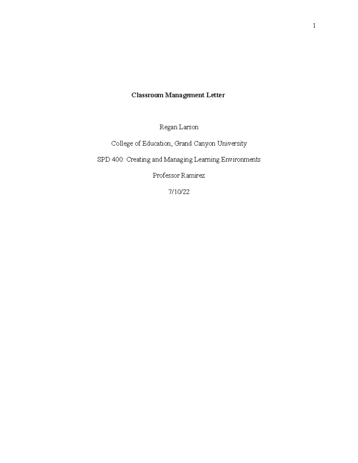 Classroom management letter - Classroom Management Letter Regan Larson ...