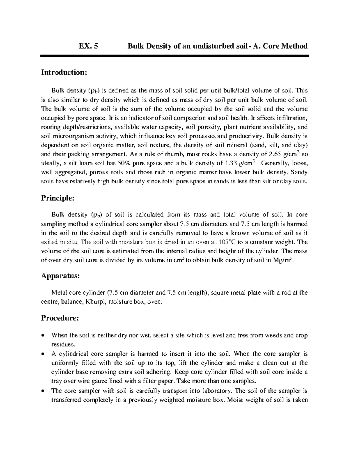 SOIL Science Practical NO.5-6 - EX. 5 Bulk Density of an undisturbed ...