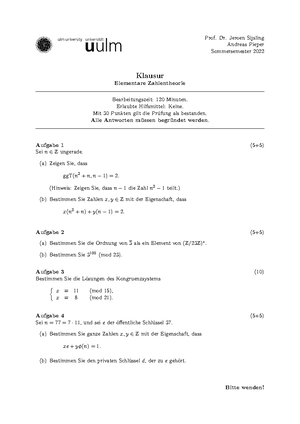 Skript ezt 22 - Elementare Zahlentheorie Sommersemester 2020 Universit ̈at Ulm Prof. Dr. Irene ...