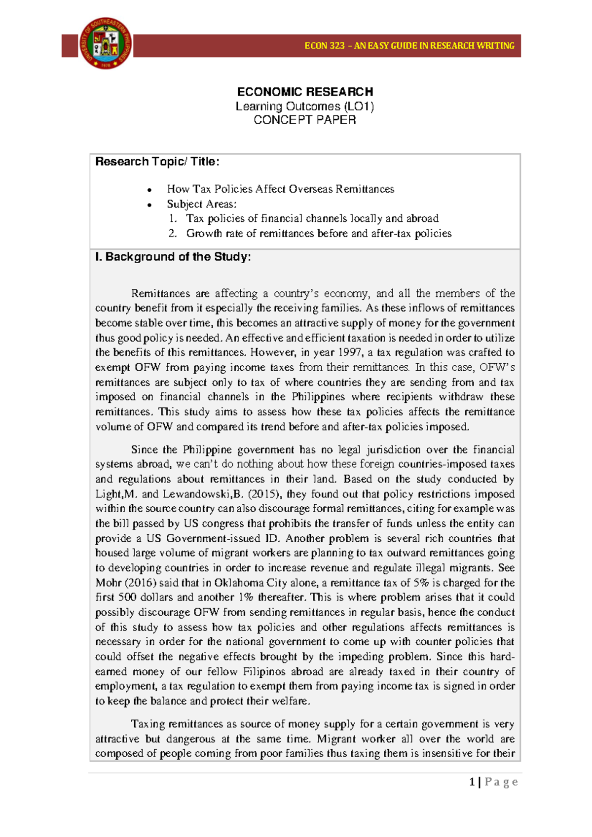 Tax Policies on Remittances - ECONOMIC RESEARCH Learning Outcomes (LO1 ...