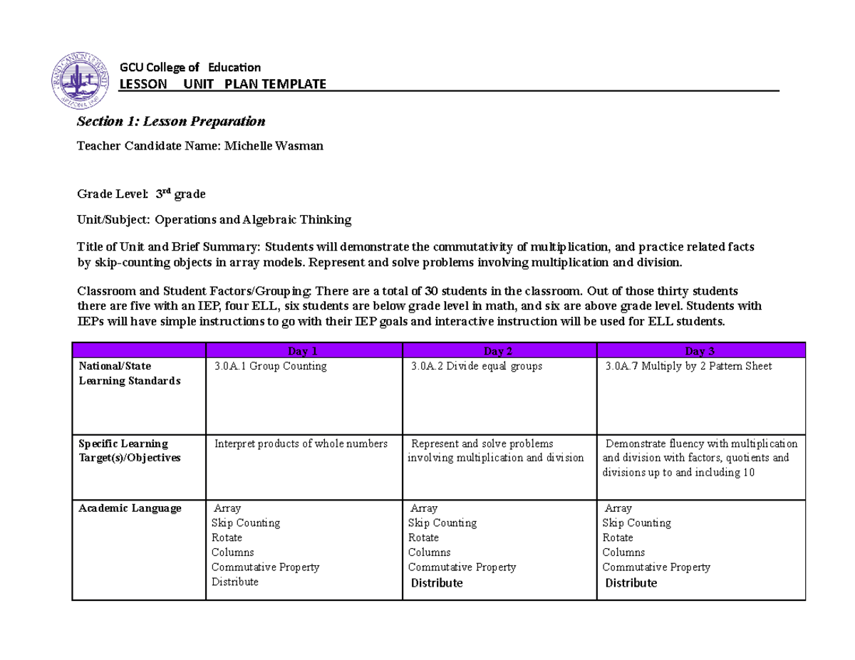 Benchmark Topic 7 Lesson Plan Unit ELM 470 GCU StuDocu