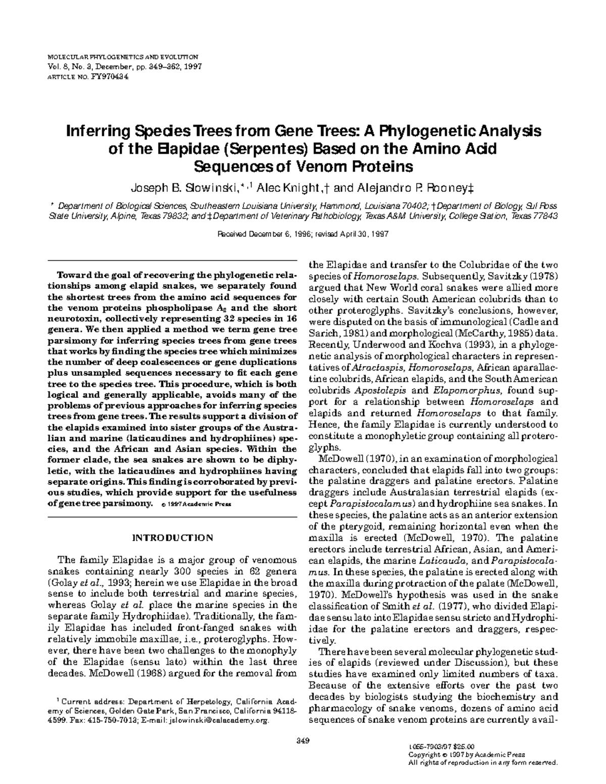 Slowinski 1997 - Inferring Species Trees from Gene Trees: A ...