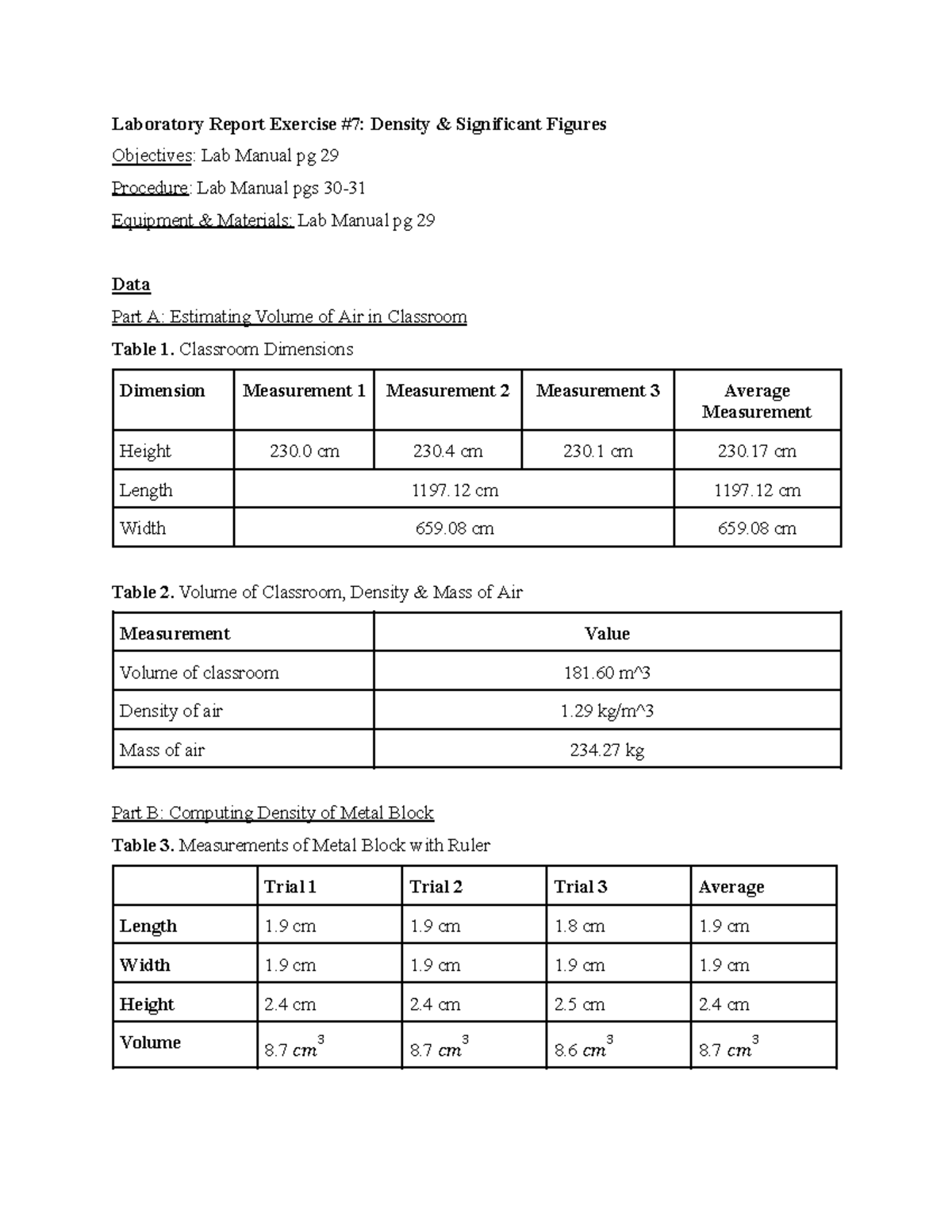 Copy of PHYS110 - Lab Report 1 - Laboratory Report Exercise #7: Density ...