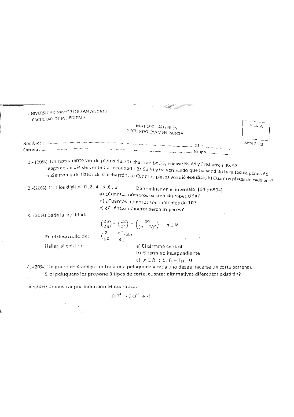 2P MAT100 I 2023 - Examenes pasados - Algebra - Studocu