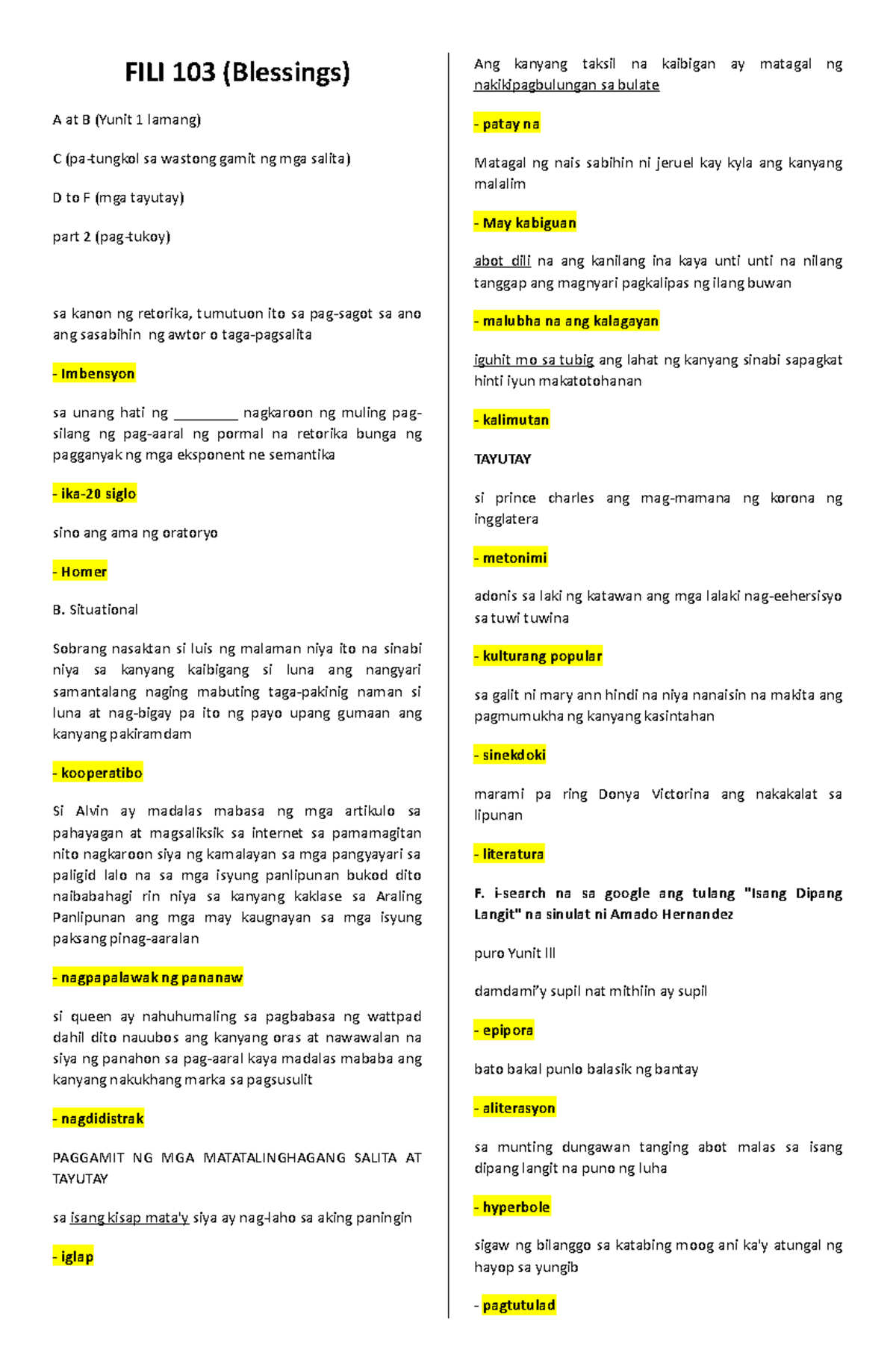 FILI-103-Blessings - n\a - FILI 103 (Blessings) A at B (Yunit 1 lamang) C (pa-tungkol sa wastong ...