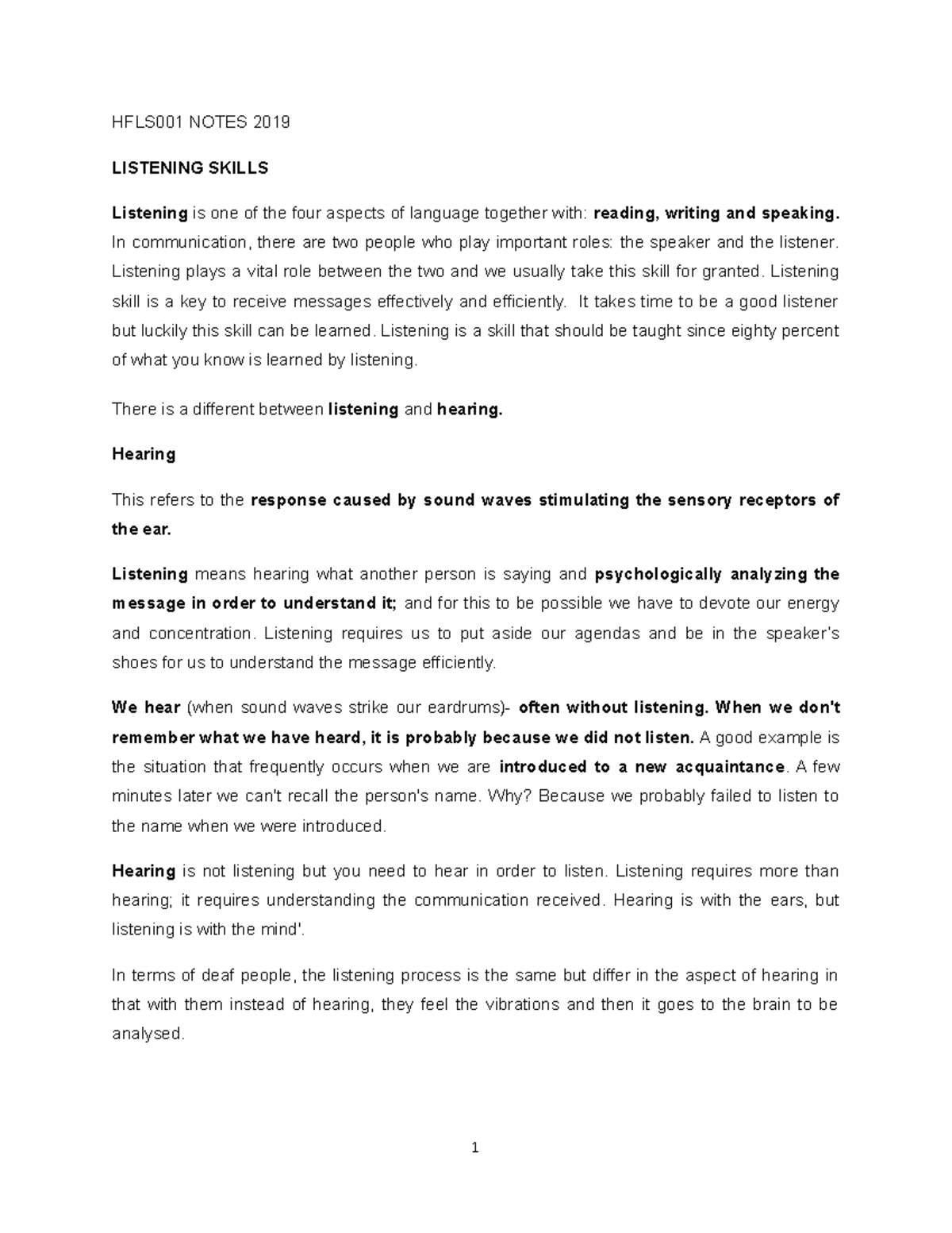 Listening skills - Lecture notes 2 - HFLS001 NOTES 2019 LISTENING ...