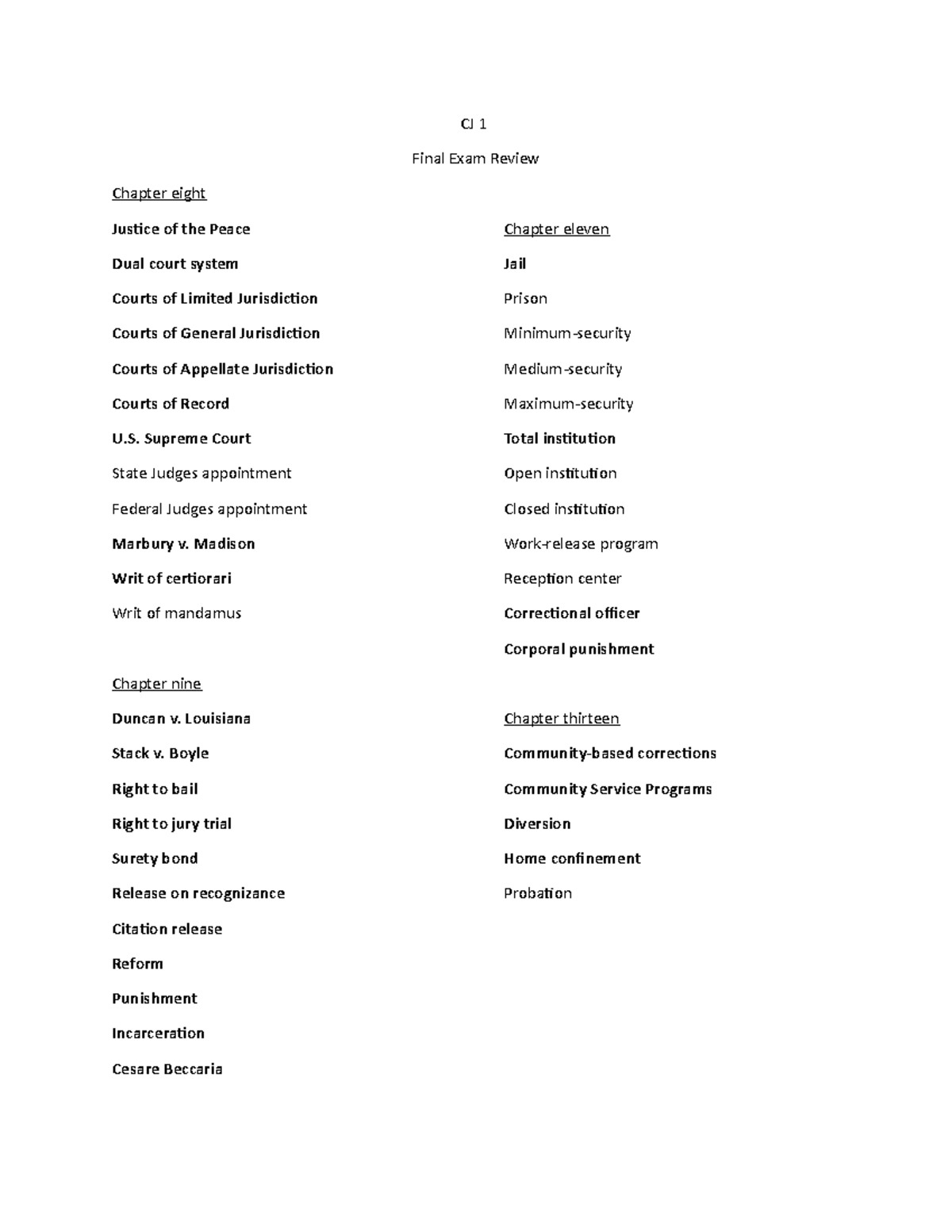 CJ 1 final exam review (S16) - CJ 1 Final Exam Review Chapter eight ...