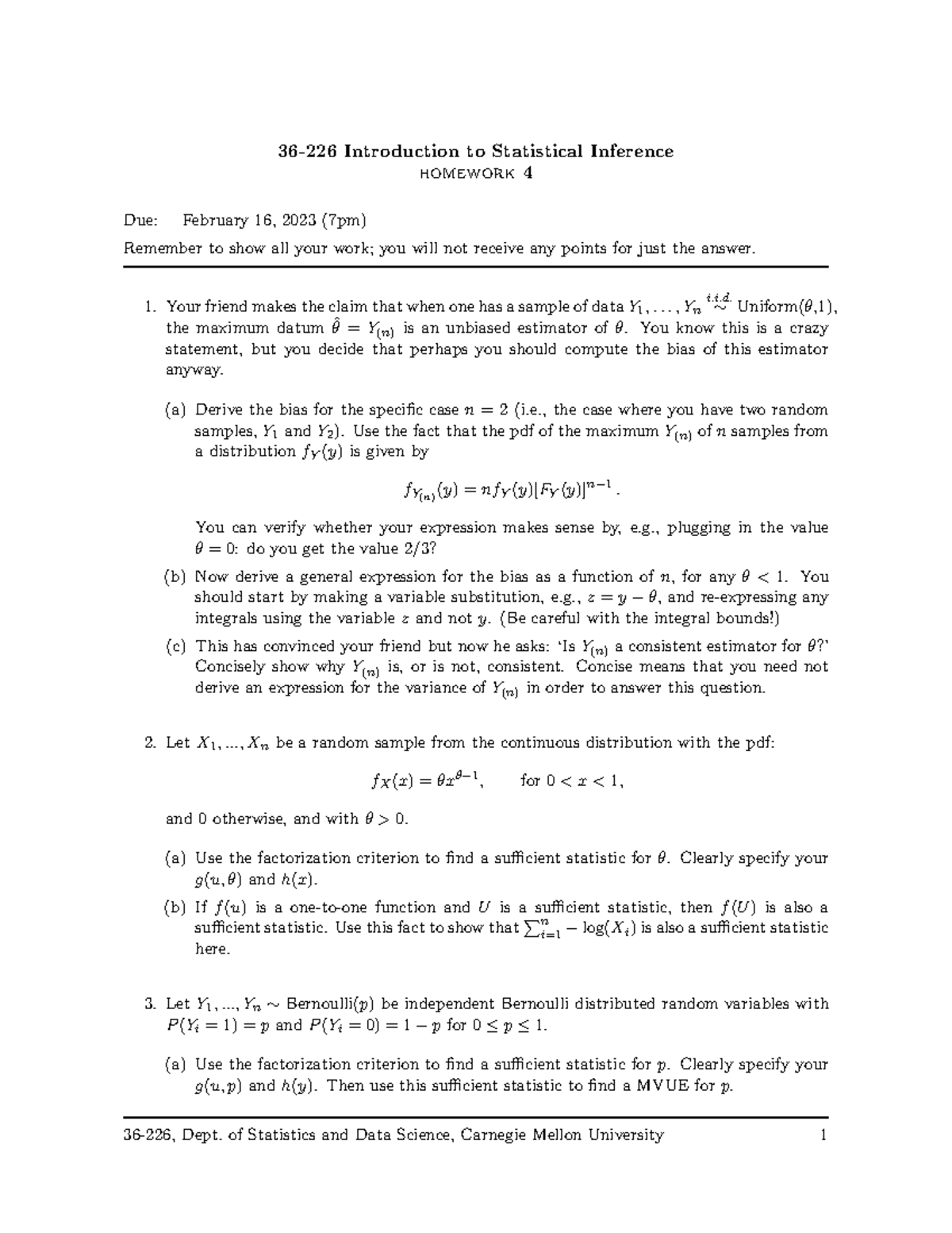 Homework 4 - hw4 - 36-226 Introduction to Statistical Inference homework 4 Due: February 16 ...