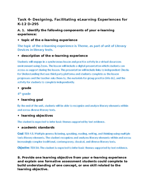 D295 Task 4 - E-Learning Experience Task 4 - Jessica Lyons D295 Task August 7, 2024 Task #4 ...