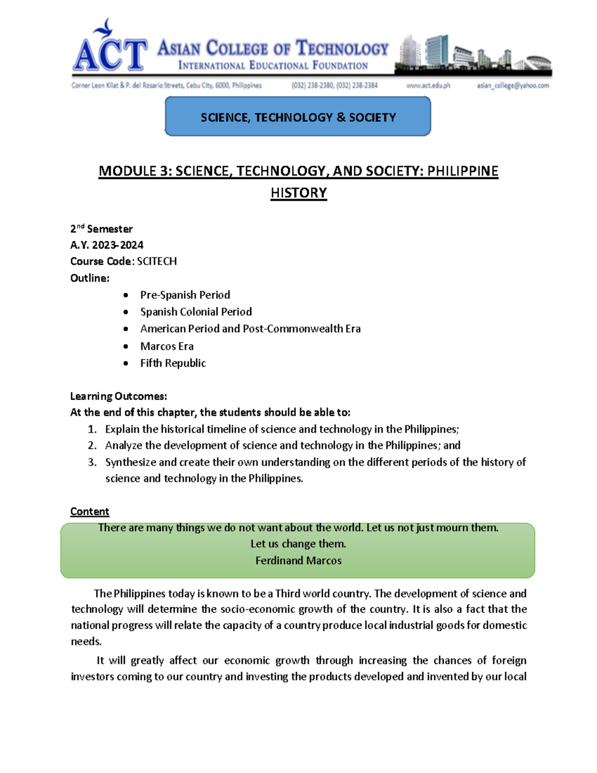 Learning Material 3 Scitech - SCIENCE, TECHNOLOGY & SOCIETY MODULE 3: SCIENCE, TECHNOLOGY, AND ...