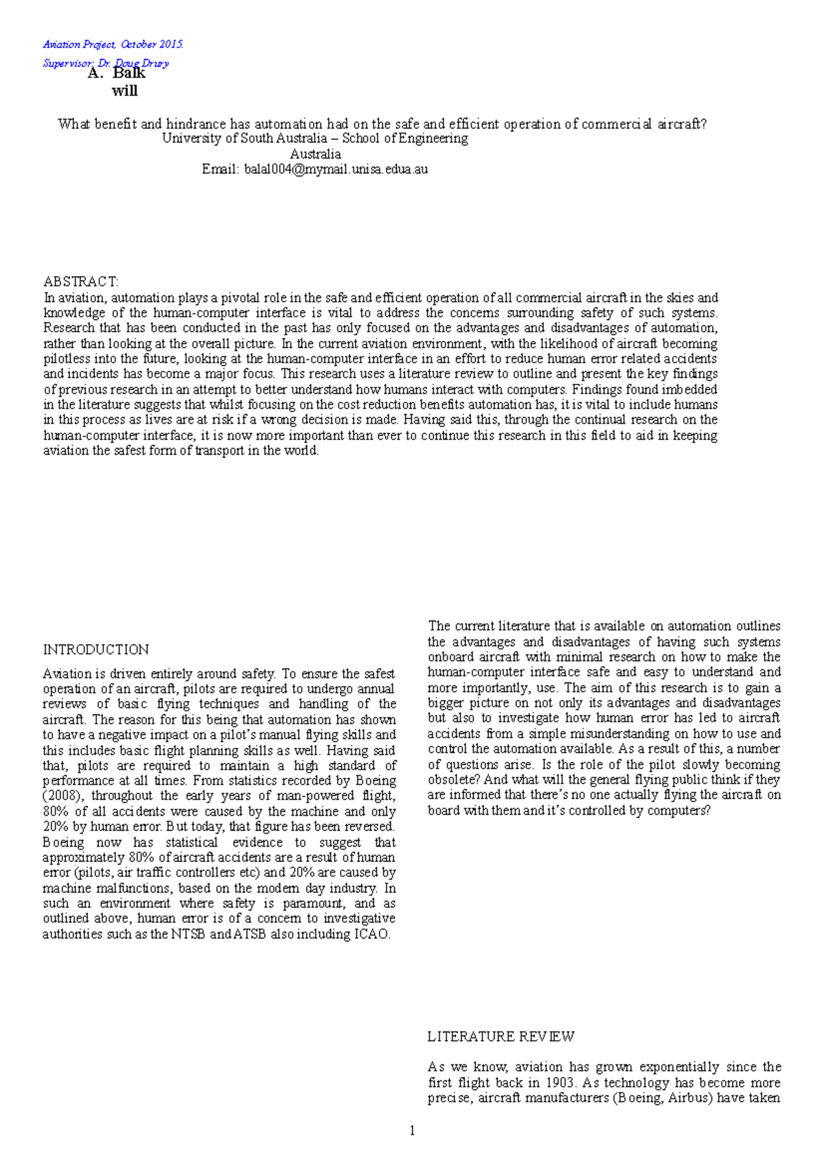 Essay "Aviation Project Final Report " - Supervisor: Dr. Doug Drury ...