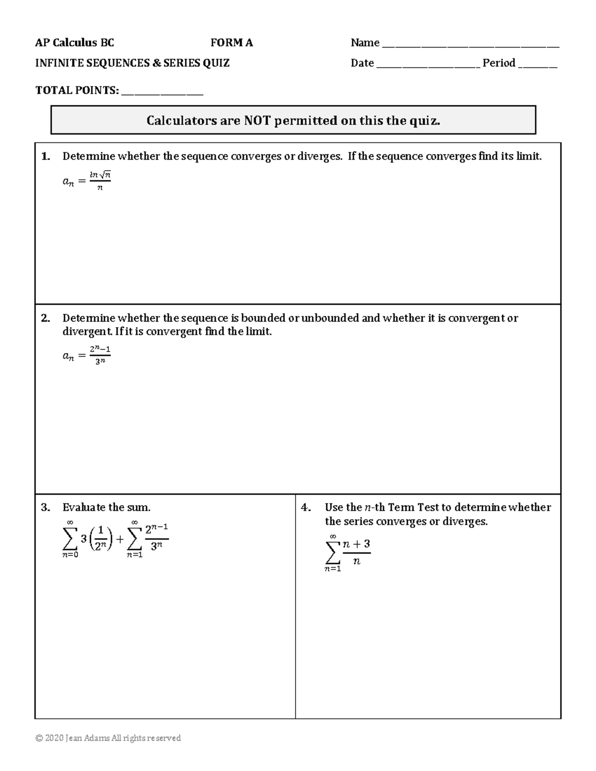 Mid Unit Quiz A - © 2020 Jean Adams All rights reserved AP Calculus BC ...