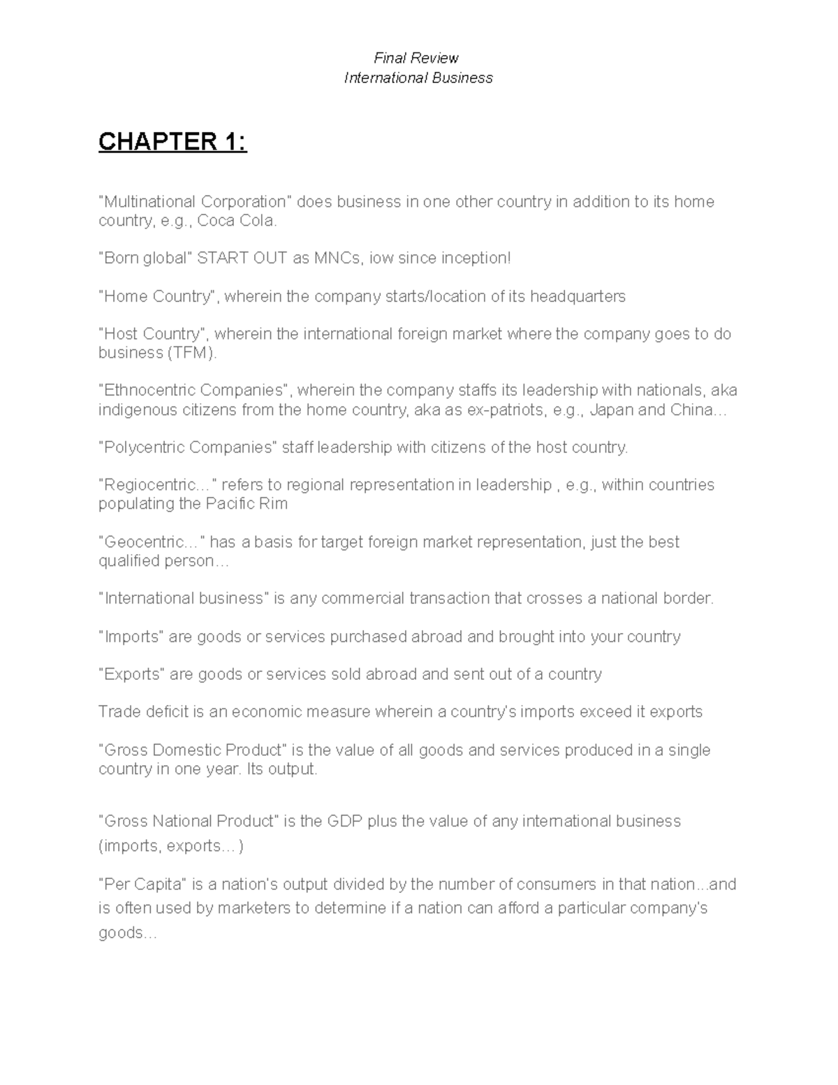 Final Review: Entire Semester Notes - International Business CHAPTER 1 ...