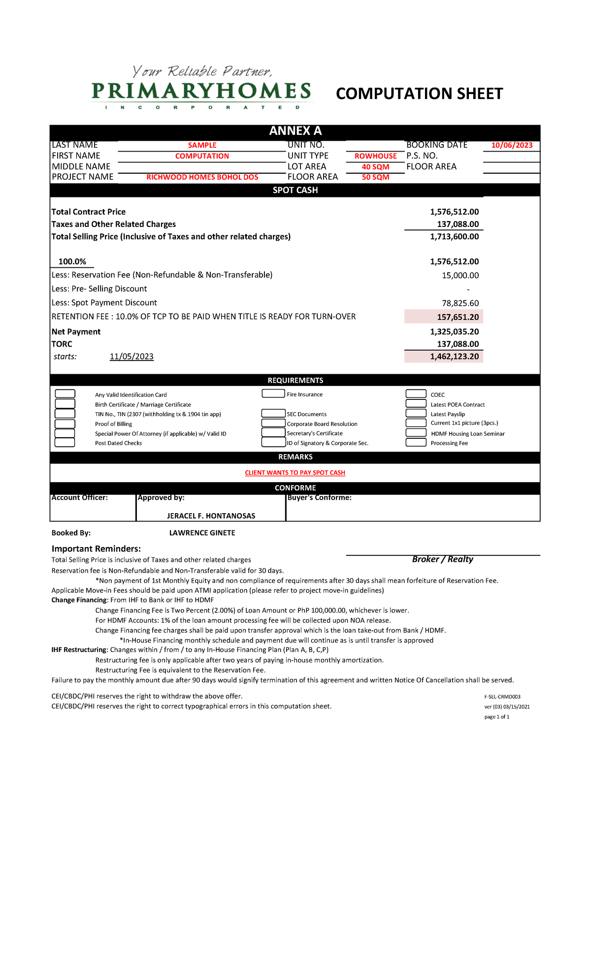 RHB2 - spot cash 30DAYS - sdsdsd - LAST NAME UNIT NO. BOOKING DATE 10 ...