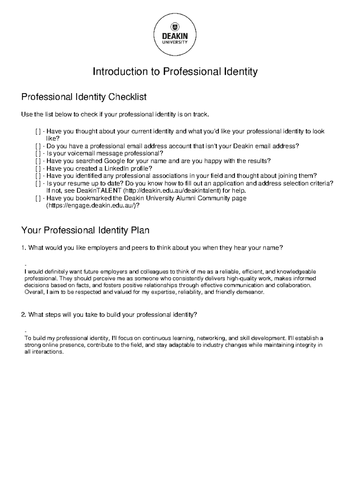Introduction to Professional Identity - Checklist - Introduction to ...