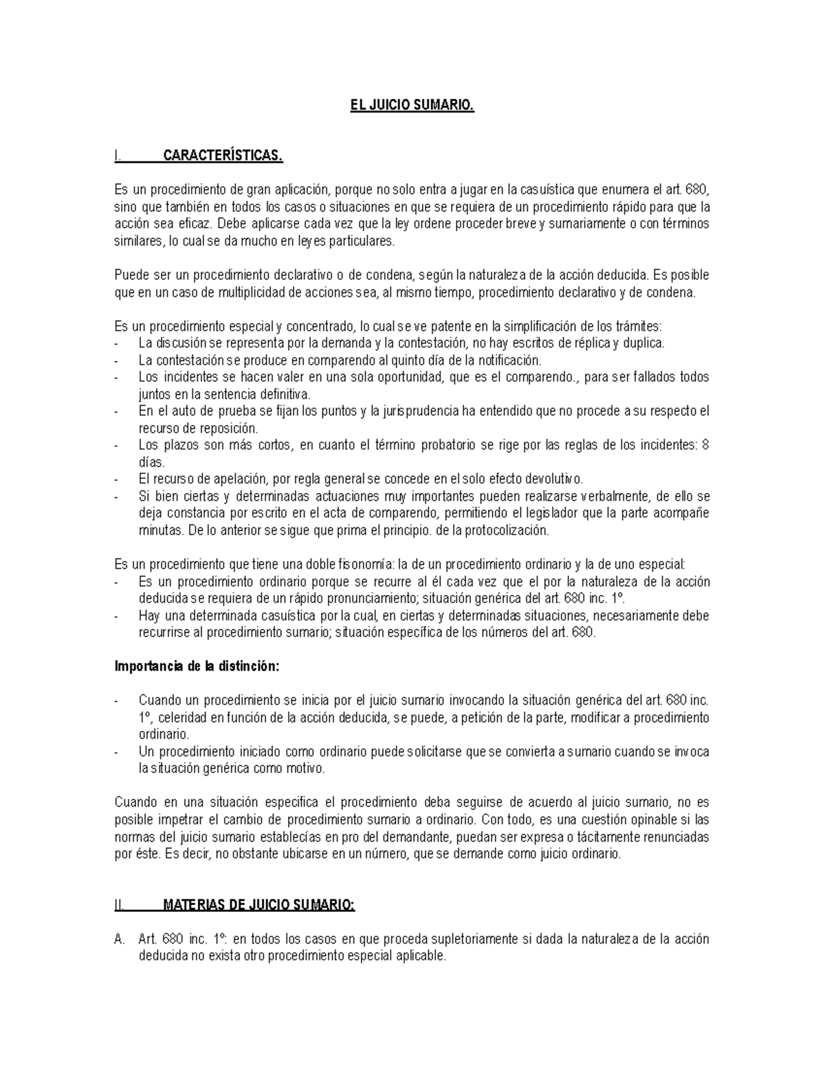 Juicio Sumario - EL JUICIO SUMARIO. I. CARACTERÍSTICAS. Es un ...