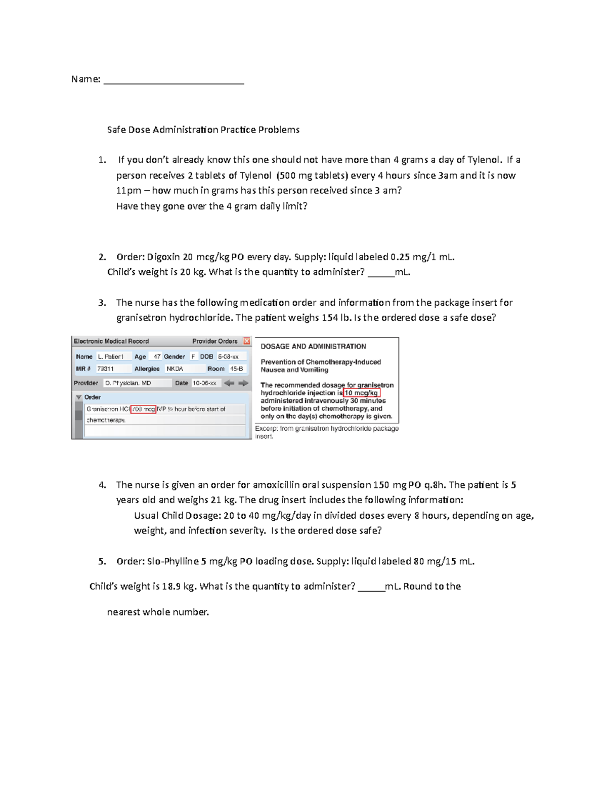 Dosage Calculations - medication math test/ key - Name ...