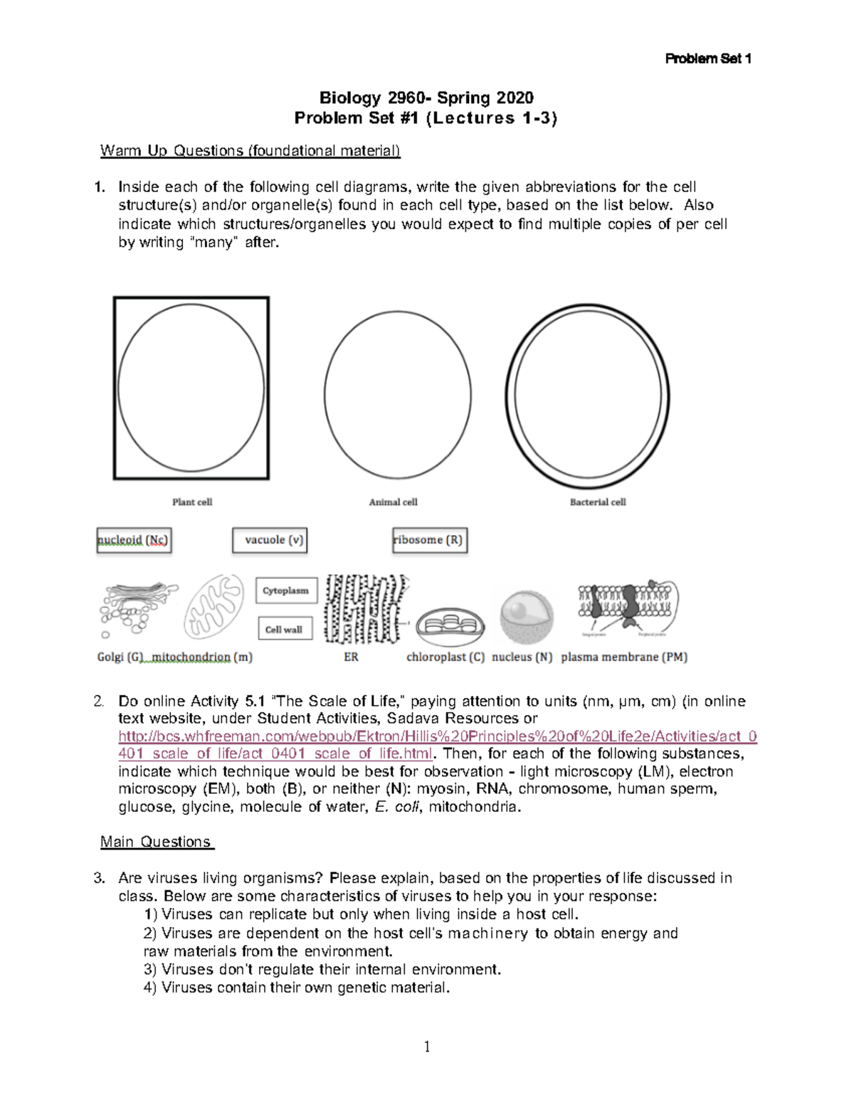 Bio 2960 Problem set - 1 Biology 2960- Spring 2020 Problem Set #1 ...