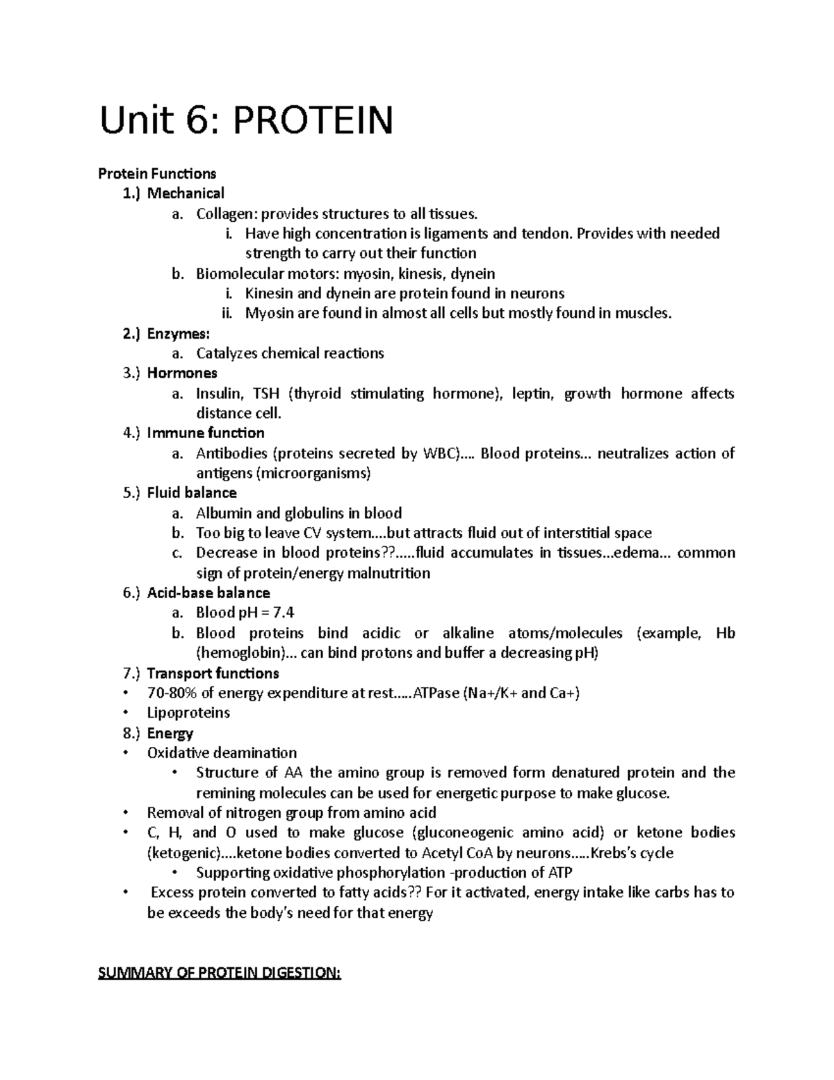 Unit 6 protein - Lecture notes 6 - Unit 6: PROTEIN Protein Functions 1 ...
