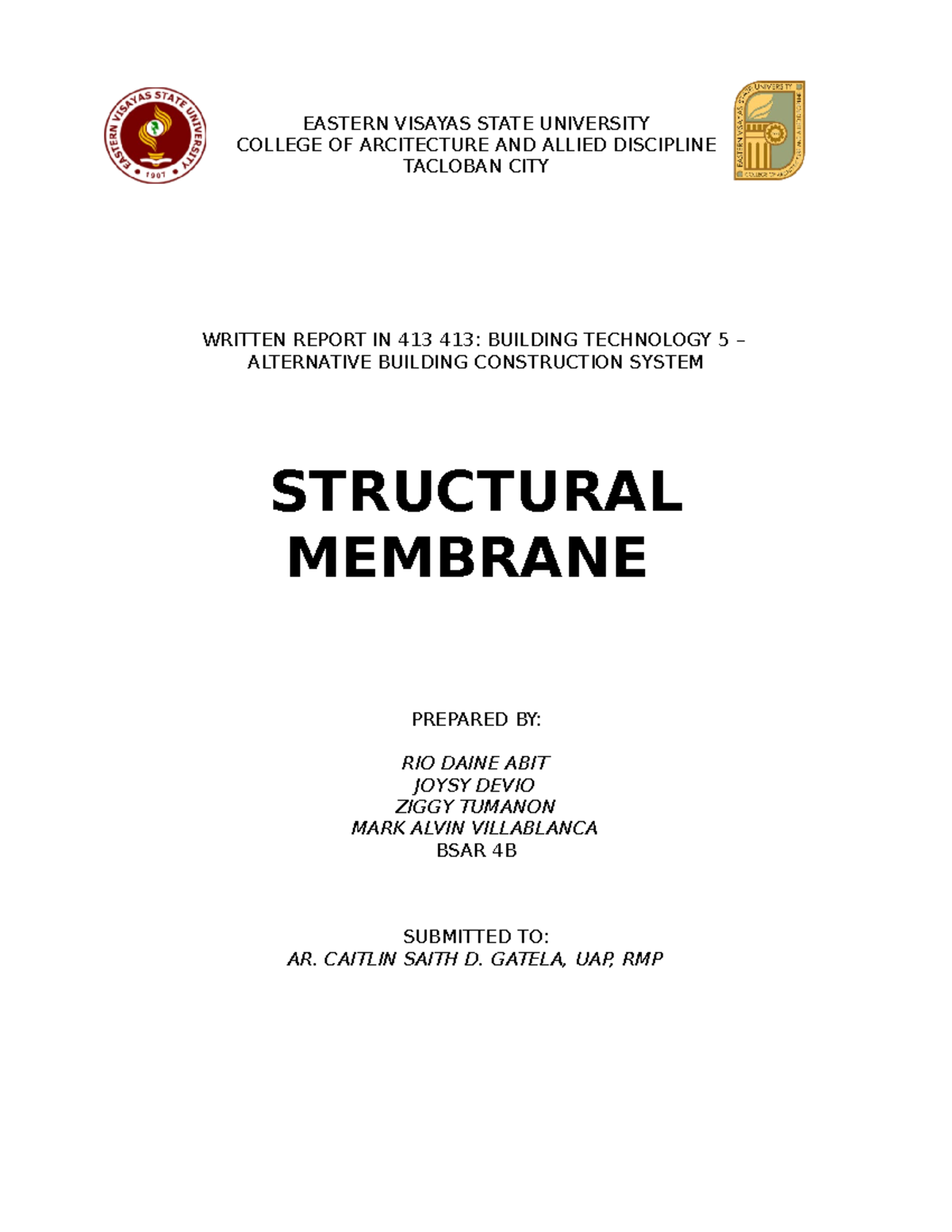 1 - BLDG TECH - EASTERN VISAYAS STATE UNIVERSITY COLLEGE OF ARCITECTURE ...
